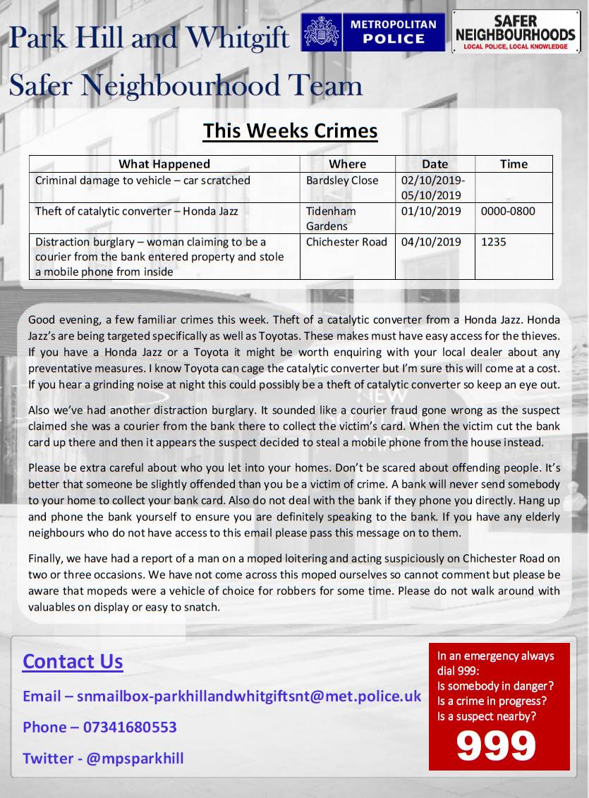 Neighbourhood police weekly bulletin 7 October 2019 - Parkhill ...
